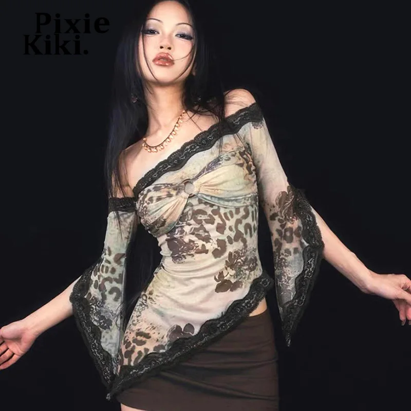PixieKiki-Asymmetrical-Off-Shoulder-Flare-Sleeve-Fitted-Shirts-Y2k-2000s-Aesthetic-Retro-Print ...