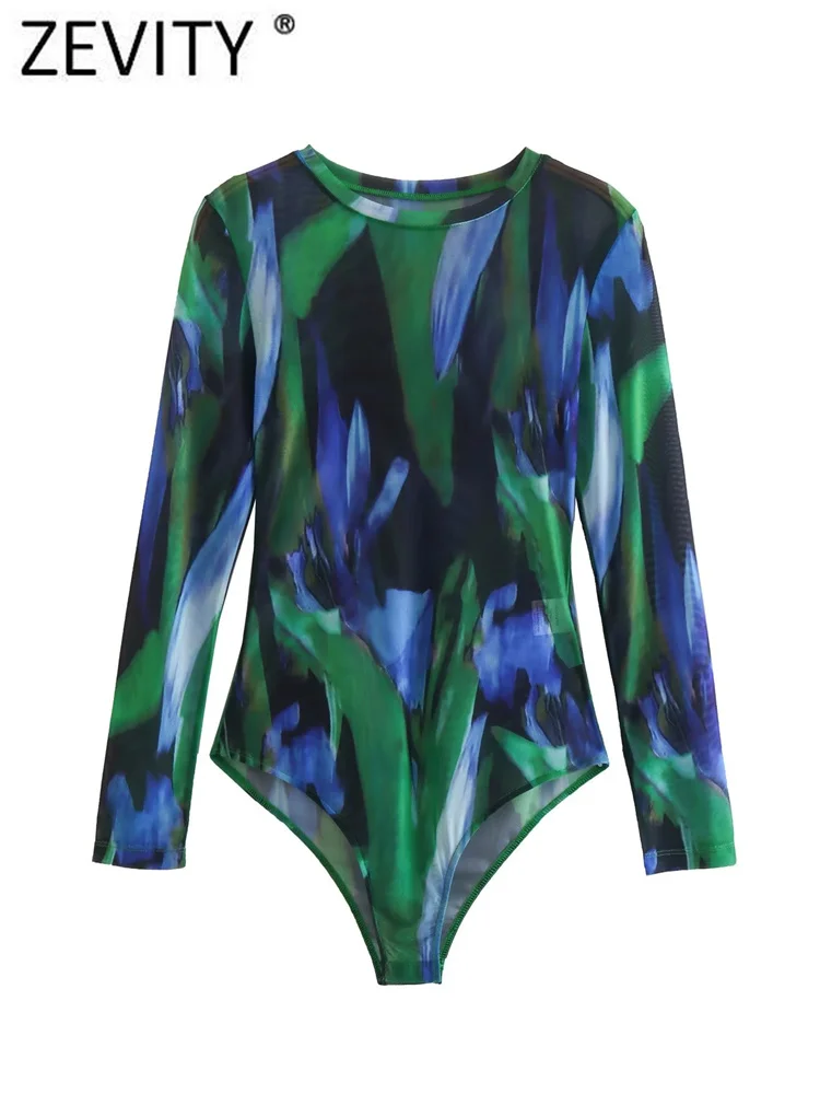 Zevity Women Vintage Ink Painting Graffiti Print Mesh Yarn Slim ...