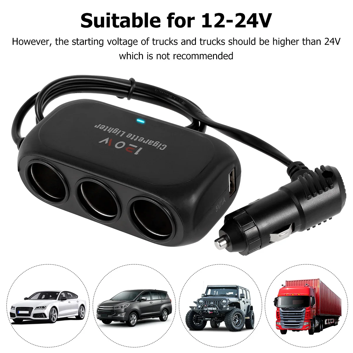 3 Socket Car Cigarette Lighter Splitter Dual USB LED Car Fast Charger ...