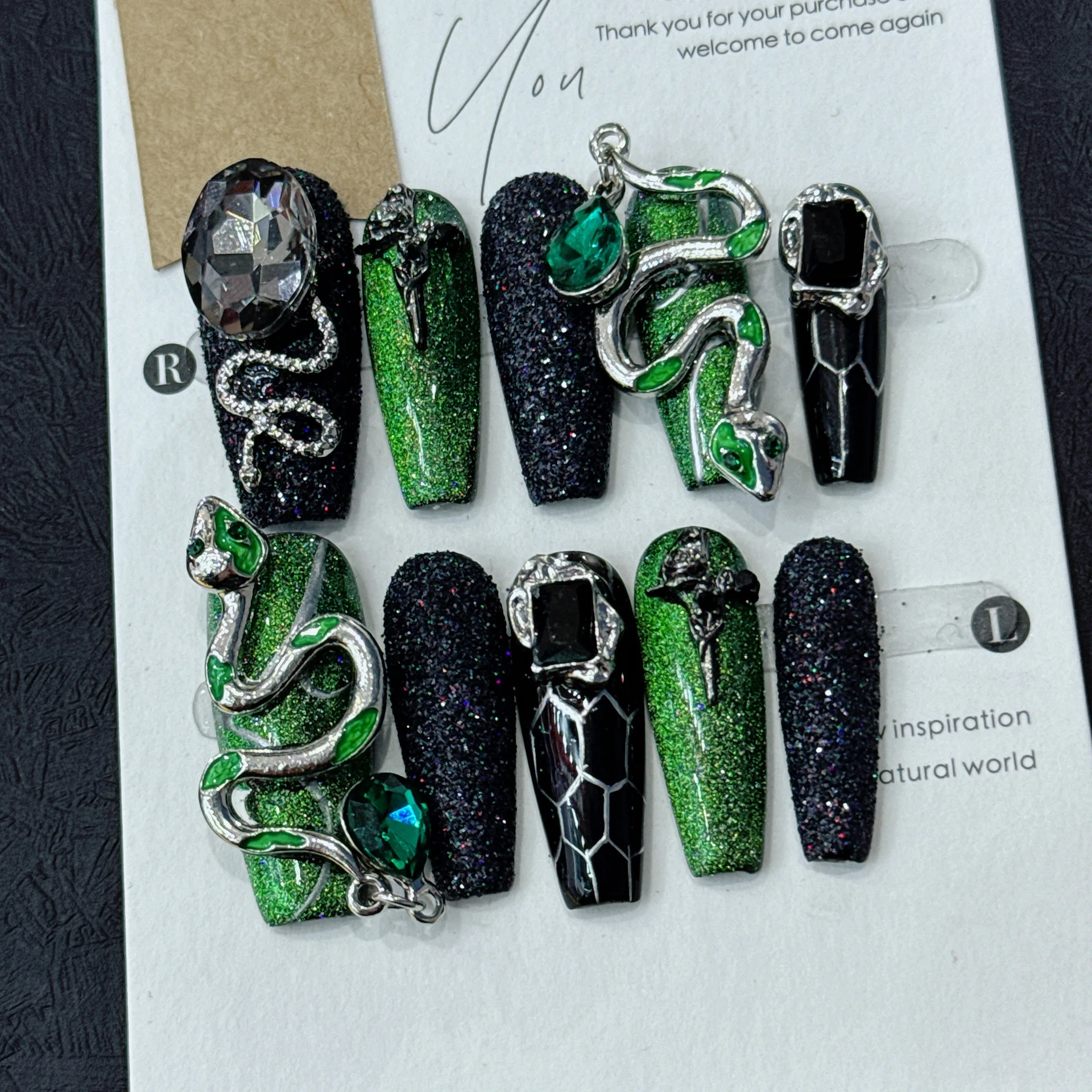 Green-snake-fause-nail-art-tip-shiny-glittle-fake-nail-patch-extended ...