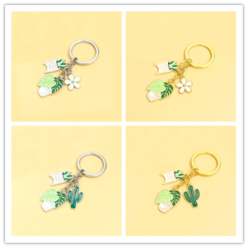 Cute Green Plant Potted Enamel Keychain Cactus Flower Pendants Keyrings ...