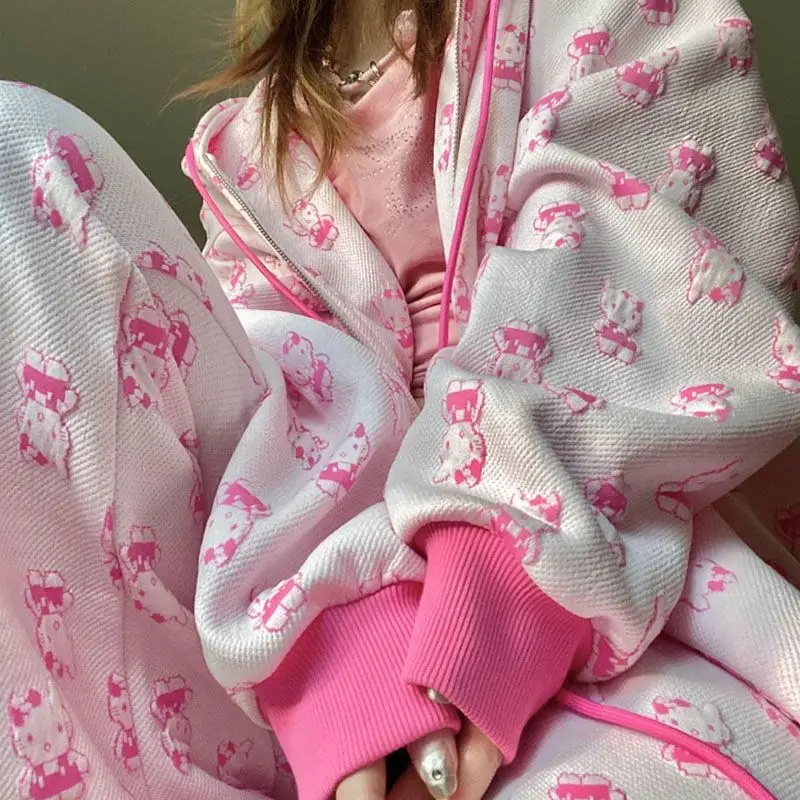 New Y2g Lovely Pink Hello Kitty Hooded Loose Profile Coat Low Waist ...