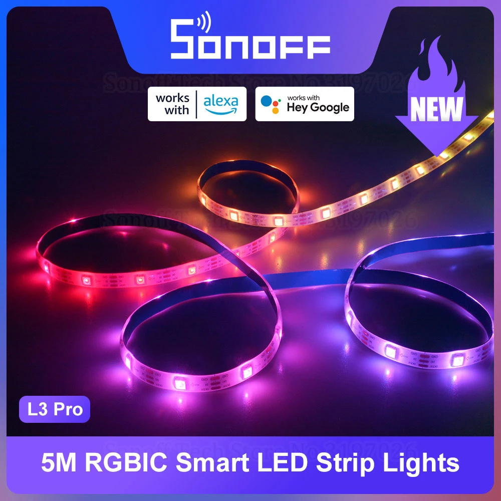 SONOFF L3 Pro Smart LED Light Strip 5M Dimmable Flexible RGBIC Strip Lights APP Remote Control ...