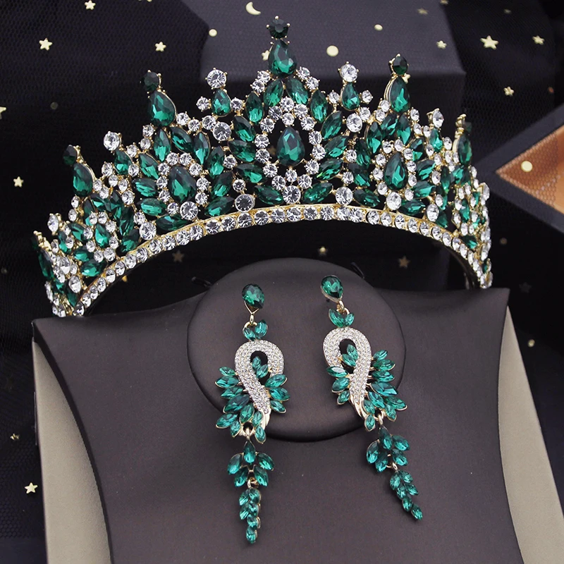 Corona de Boda nupcial de cristal verde con pendientes, Tiaras de noche ...