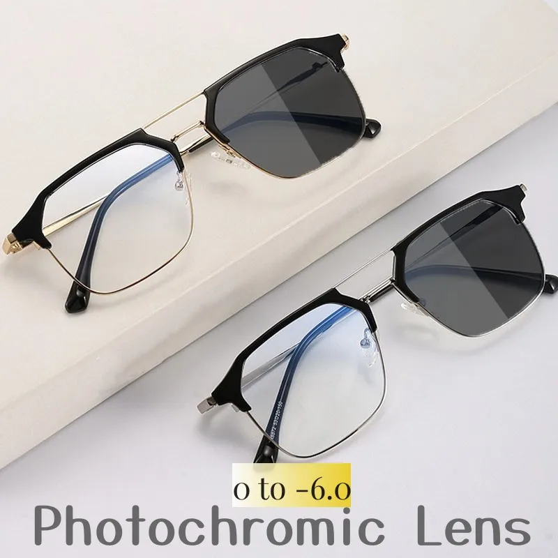 Fashion Smart Photochromic Myopia Glasses Trendy Double Beam Frame Anti ...