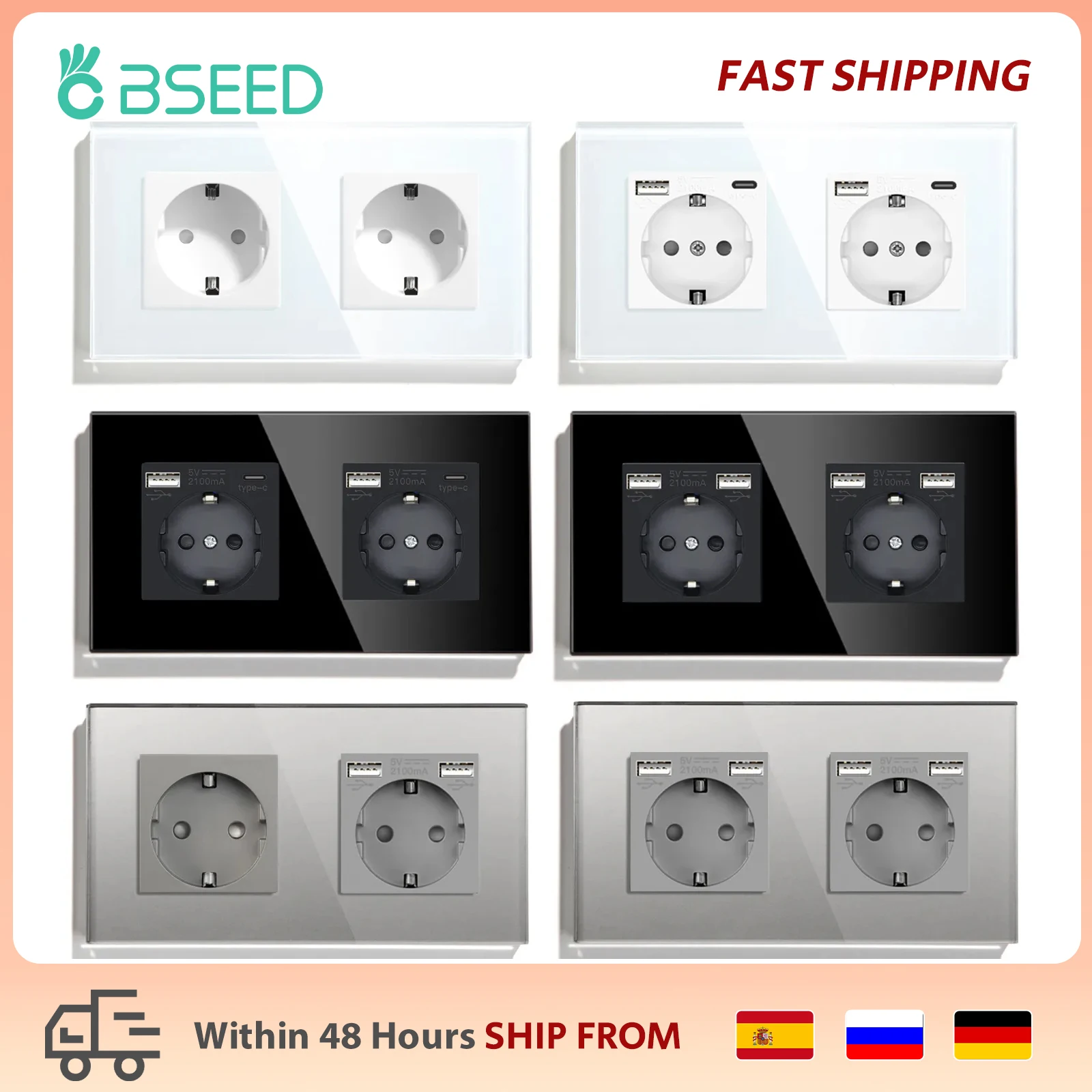BSEED EU Standard Wall Double Sockets EU Socket 16A 110V-240V White ...