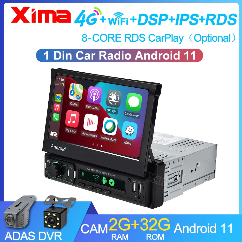 Universal 7" IPS Retractable Screen 1 din Car Radio Android Carplay Auto gps Navigation 1Din ...