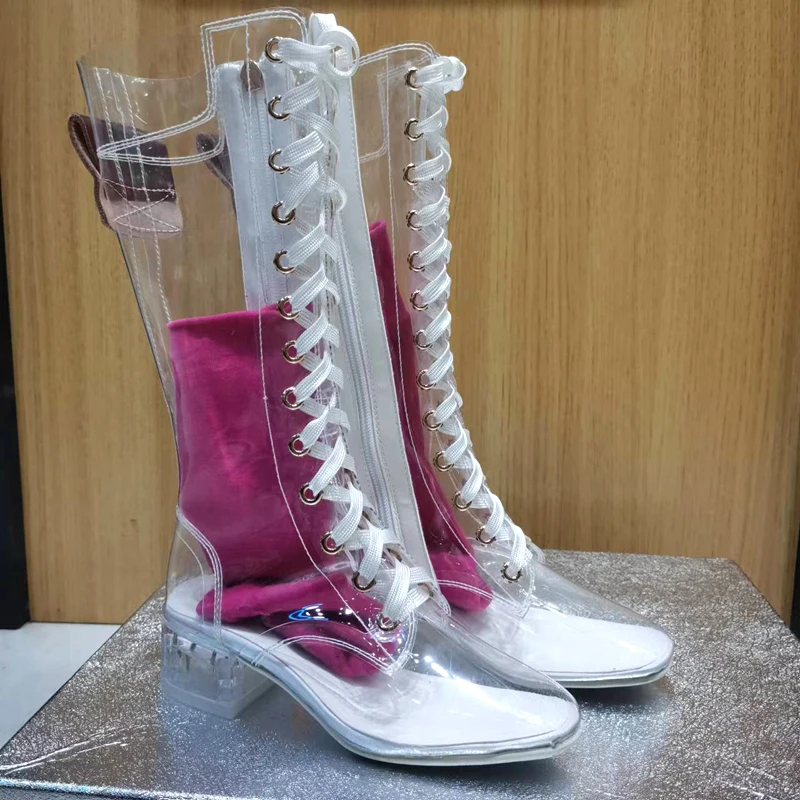 Clear PVC Transparent Lace -Up Knee Boots 3 Cm Crystal Chunky Heels ...
