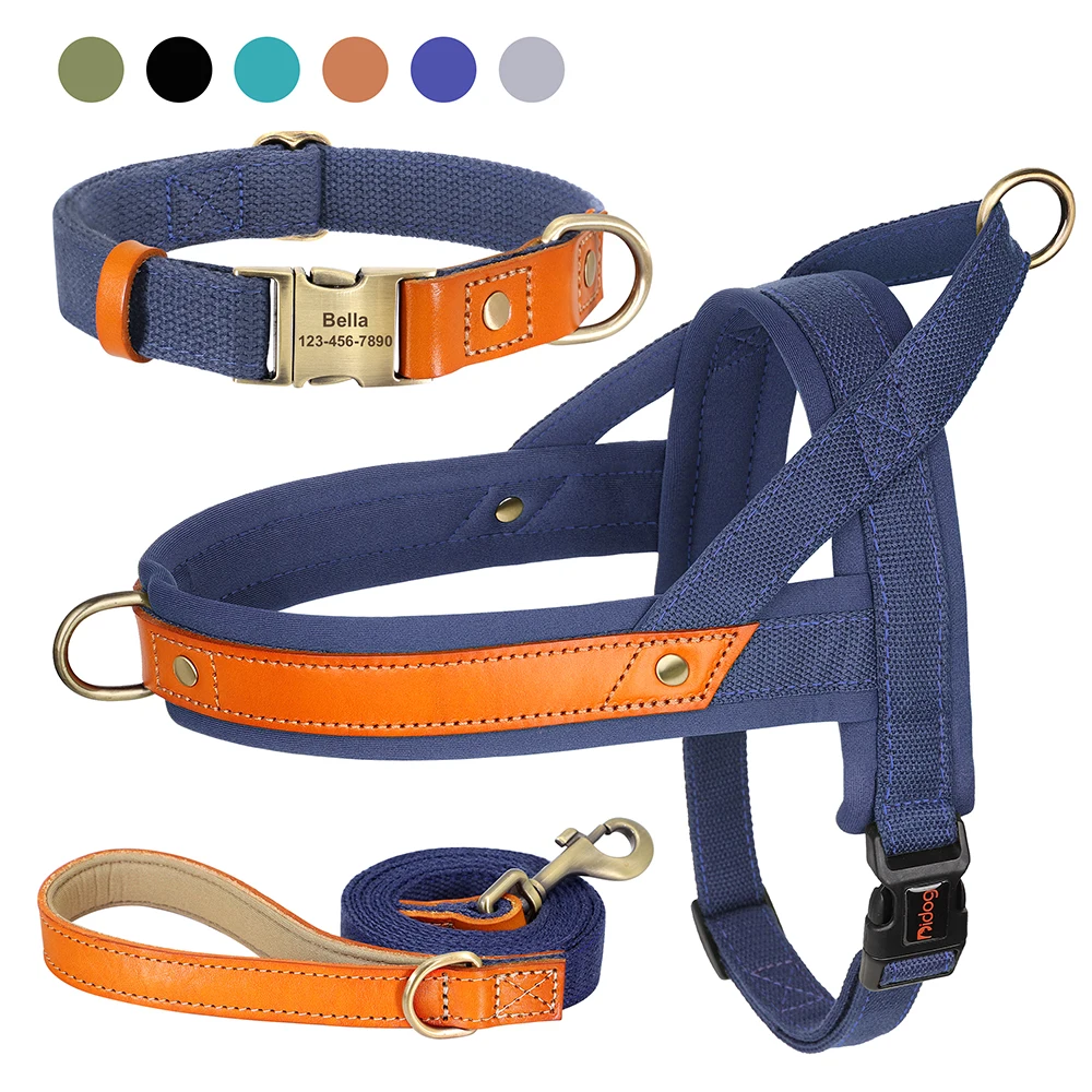 Dog-Collar-Harness-Leash-Set-Nylon-Leather-Dogs-Collar-No-Pull-Pet ...
