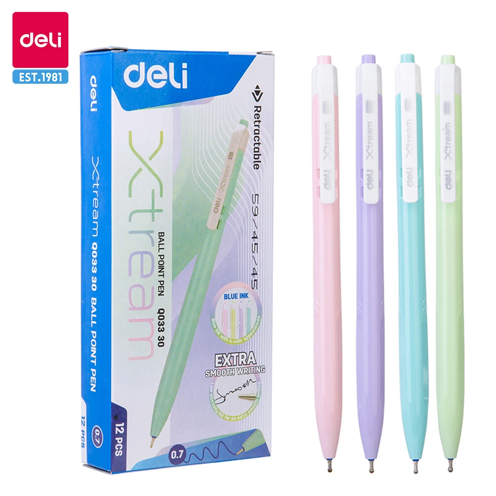 Deli 12 Pcs Retractable Ballpoint Pen 0.7mm Blue Ink Mini Tips Ball ...