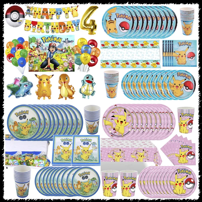 Pokemon Birthday Party Decorations Set Cartoon Pikachu Pink Blue Yellow ...