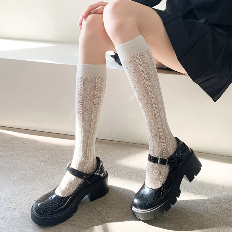 Japanese Lolita Lace Knee High Socks Womens Sweet Love Heart Striped ...