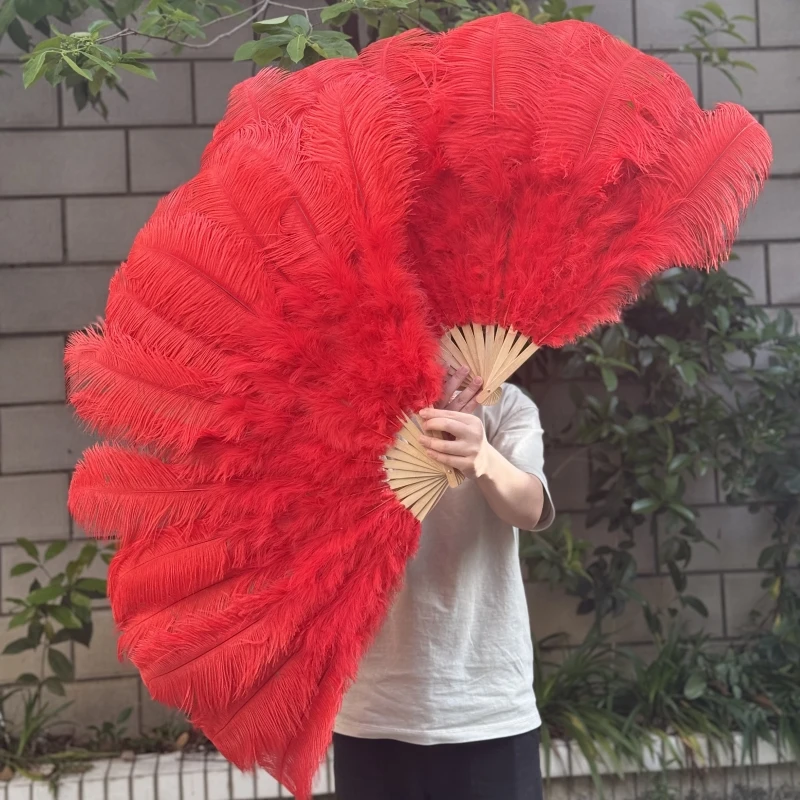 Red Feather Dance Fan Large Ostrich Feathers Fluffy Handheld Folding ...