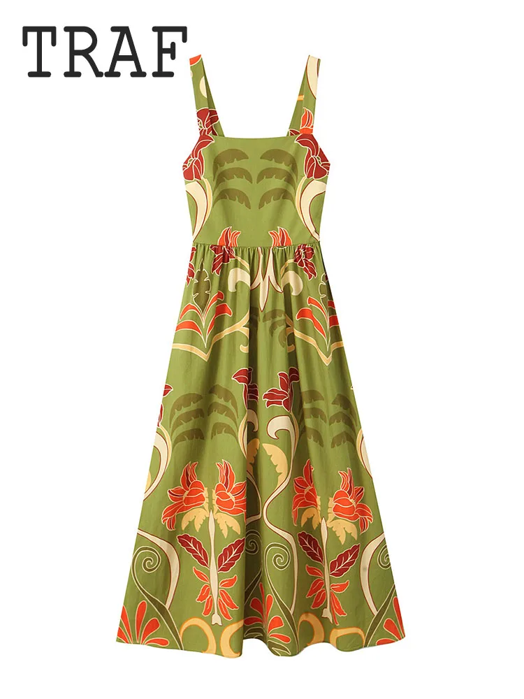 TRAF-vestido-largo-plisado-con-estampado-y-lazo-para-mujer-vestido-Midi ...