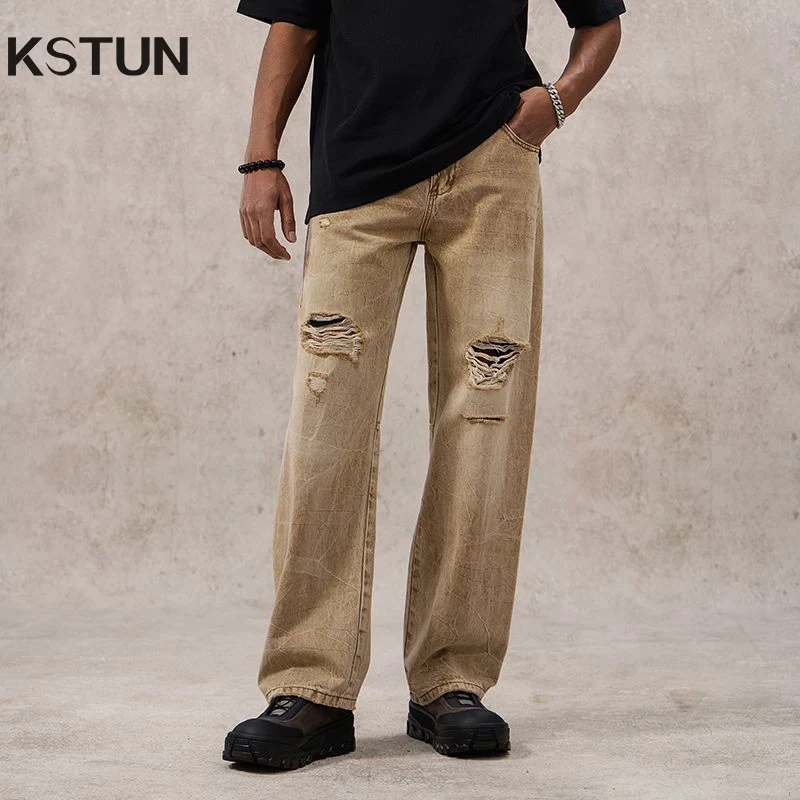 KSTUN 2025 Summer Distressed Jeans Men Ripped Denim Pants Straight ...
