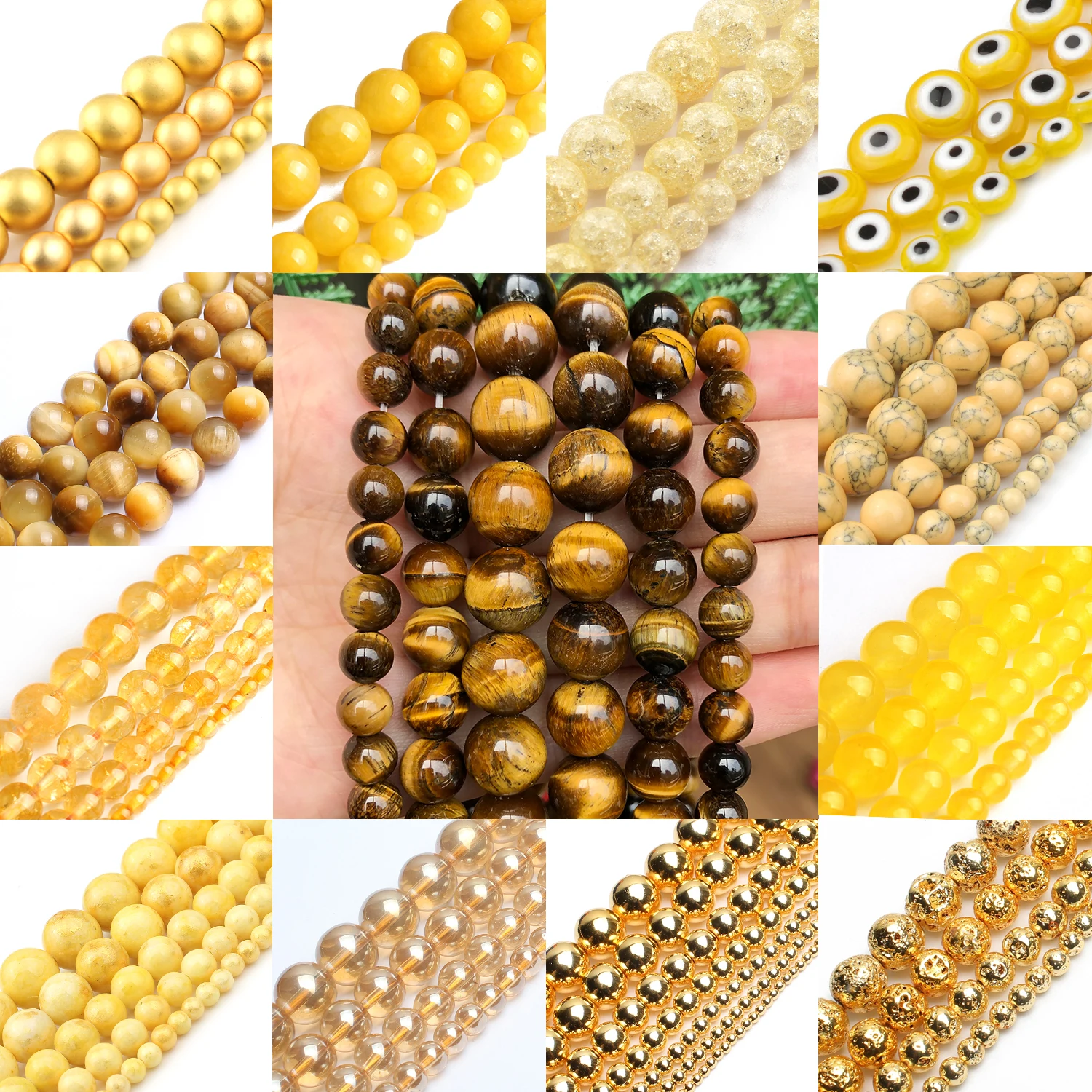 Gold Color Beads Natural Stone Yellow Jade Agate Hematite Lava Round ...