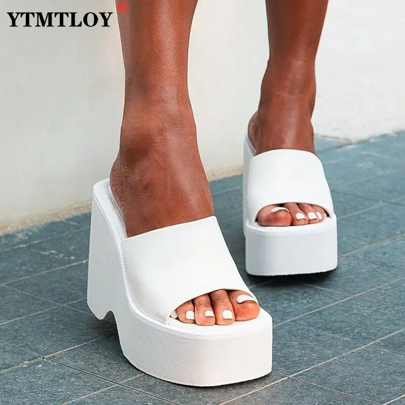 Big-Size-43-Summer-Black-White-Chunky-Heeled-Mules-High-Heels-Leisure-Trendy-Platform-Wedges ...