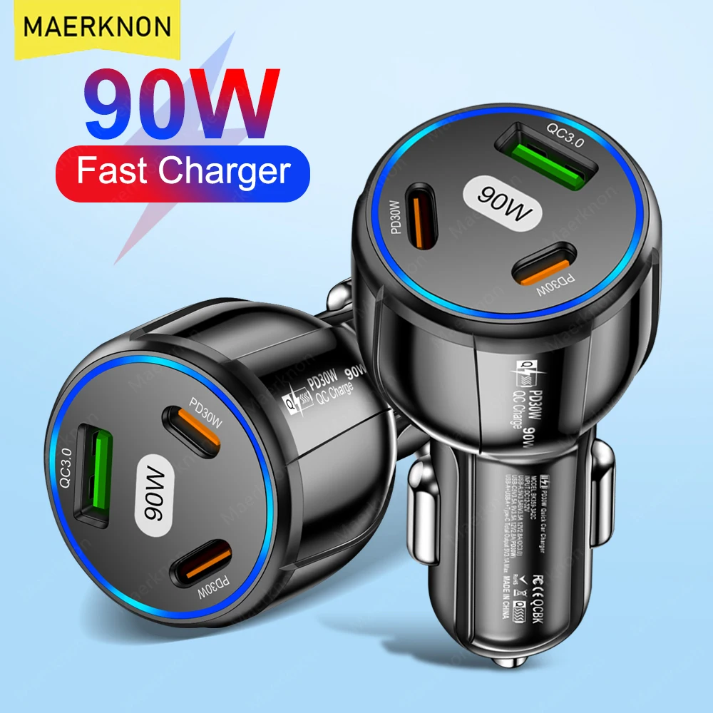 90W USB Car Charger 3 Port PD Type C Fast Charging Car Phone Adapter ...