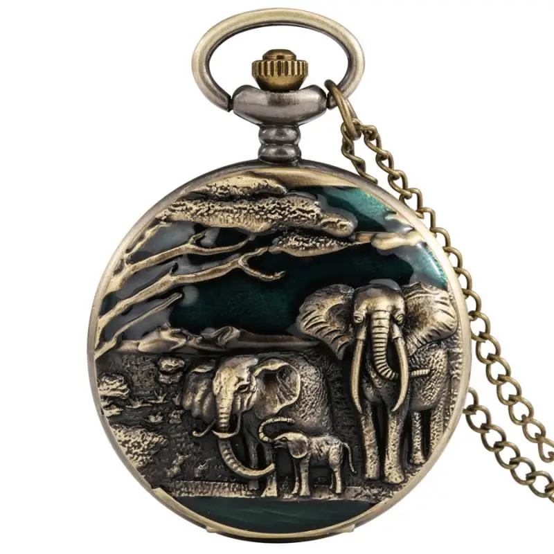 Bronze Crane/Elk/Elephant Animal Quartz Pocket Watch Round Dial Pocket ...