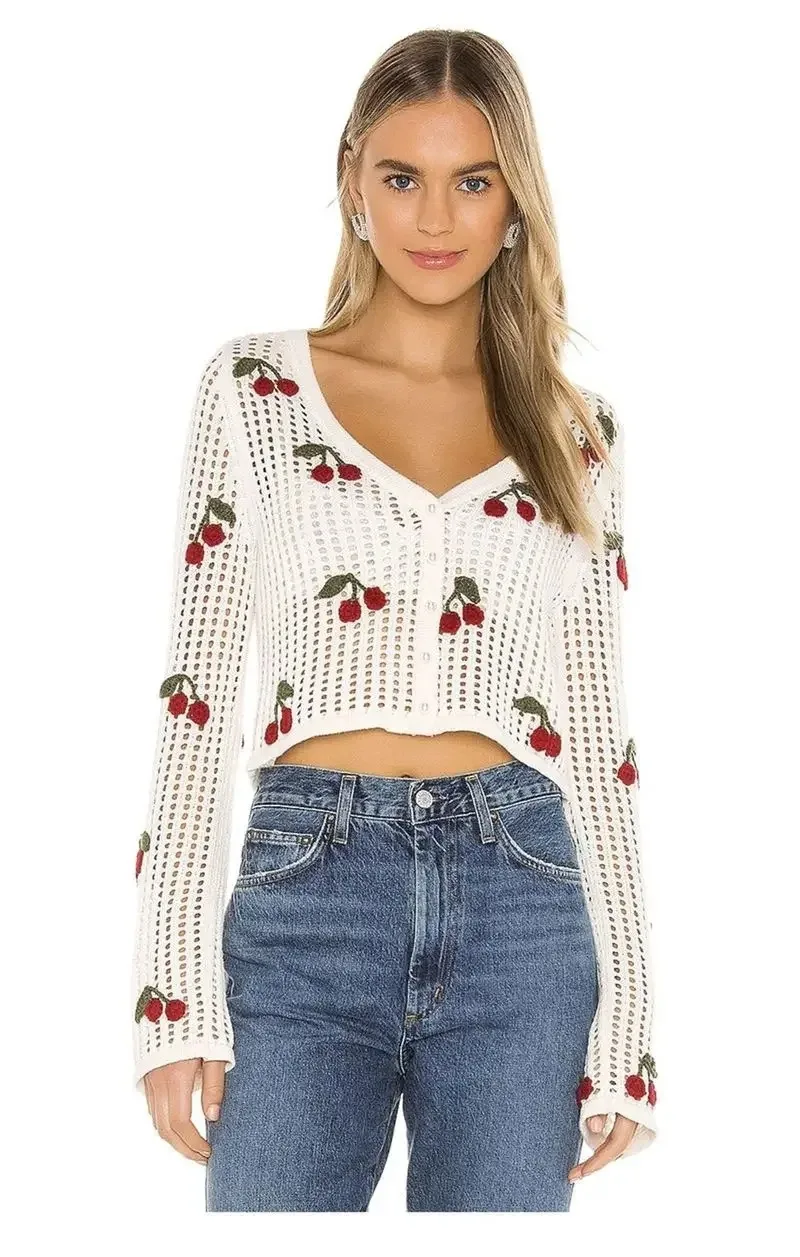 Autumn-Women-Long-Sleeve-Cherry-Printing-Hollowing-Pearl-Button-Mesh ...