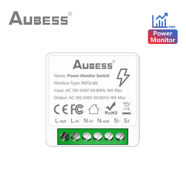 AUBESS Tuya WiFi MiNi Smart Switch With Energy Monitor 16A 2-way control Timer Wireless Switch ...