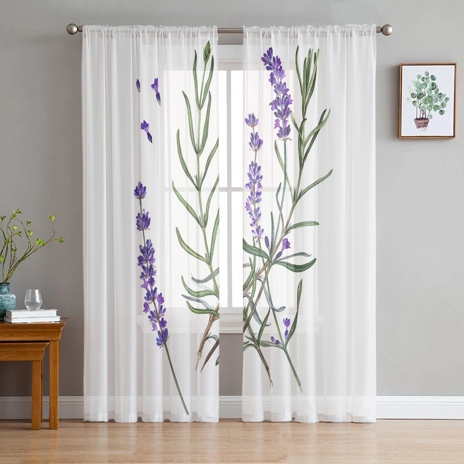 Purple Lavender Green Leaves Plant Field Window Tulle Curtains For ...