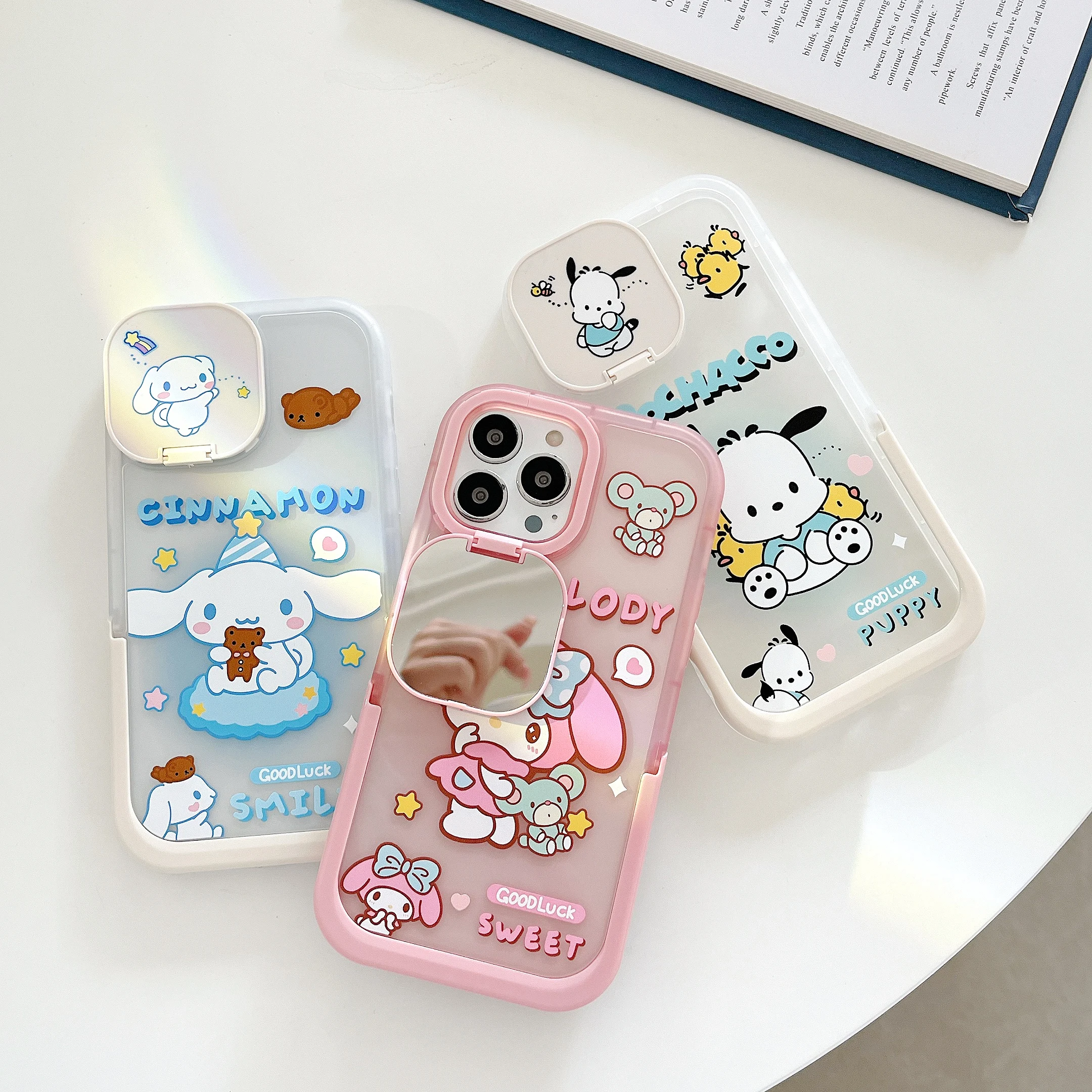 Sanrio 마이 멜로디 시나모롤 포챠코 카메라 방진 메이크업 미러 홀더 폰 케이스, 아이폰 11 12 13 프로 맥스 X Xs ...