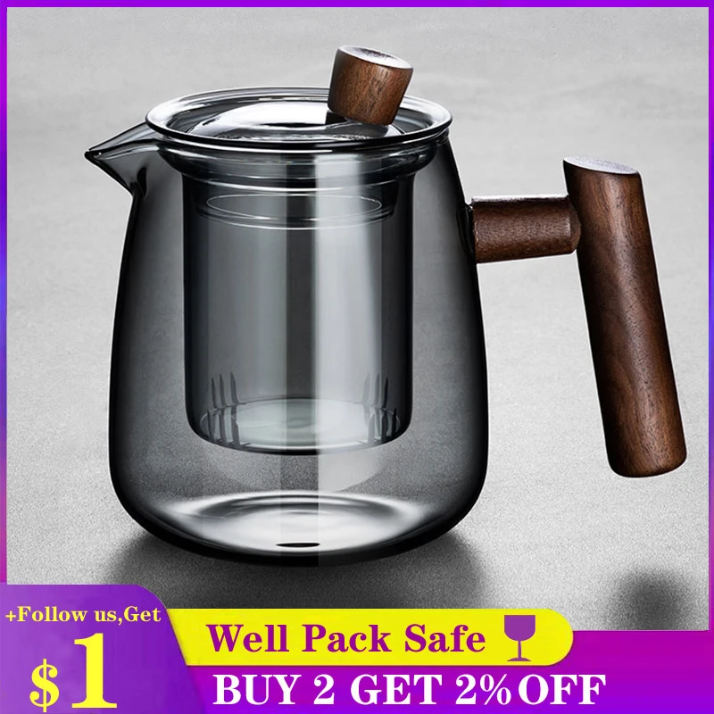 HMLOVE Glass Teapot Wood Handle Chinese Tea Ceremony Transparent ...