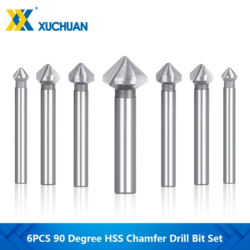 Round-shank-6pcs-3-Flute-90-Degree-HSS-Chamfer-Chamfering-Cutter-End ...
