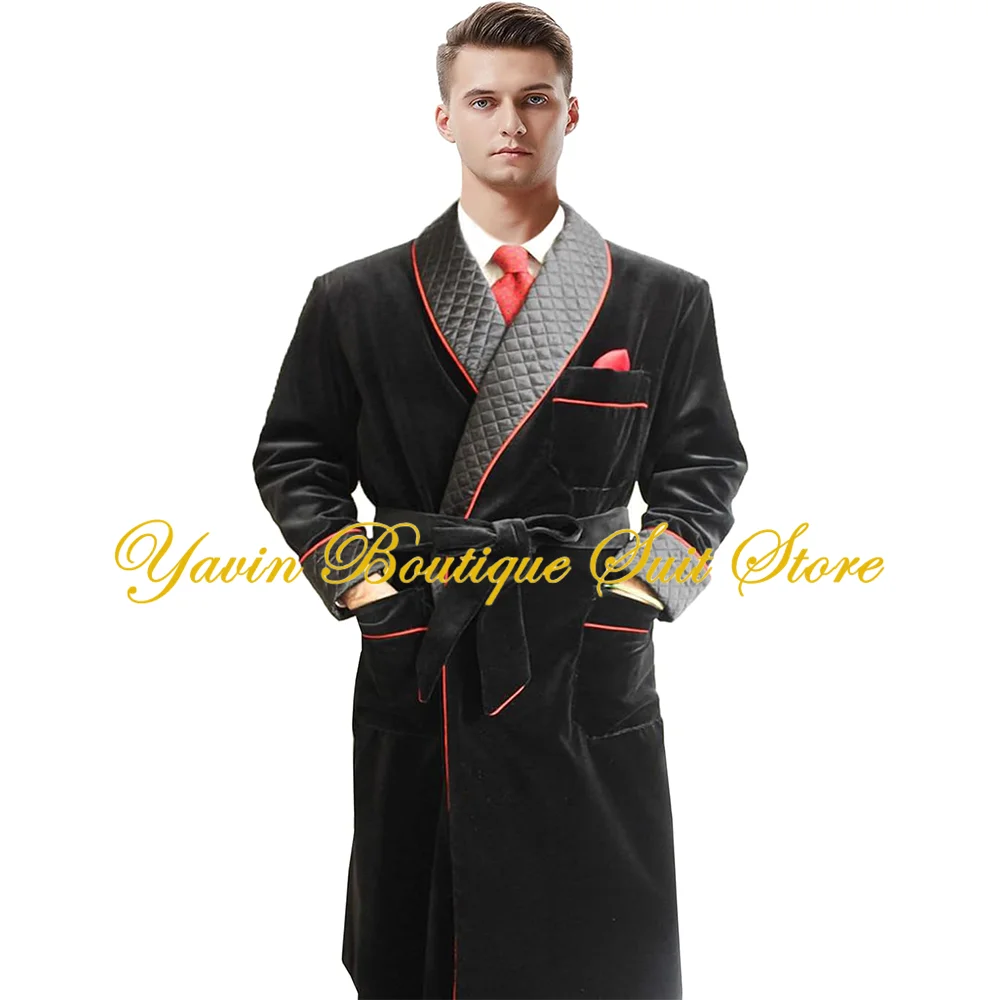 Men's Long Velvet Smoking Jacket with Belt Shawl Lapel Smoking Robe ...
