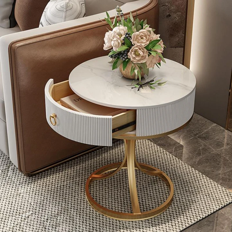 Marble Top Sofa Side Ribbed Round accent Tables with drawer storage. Small end tables. White top ...