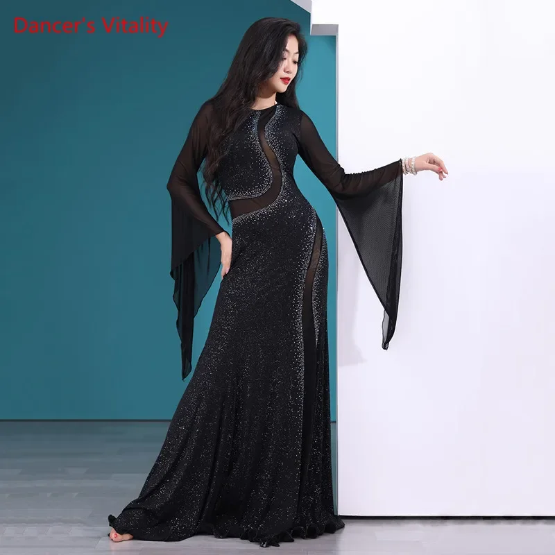 Belly-Dance-Dress-stones-Long-Skirt-Mesh-Bat-Sleeves-Performance ...