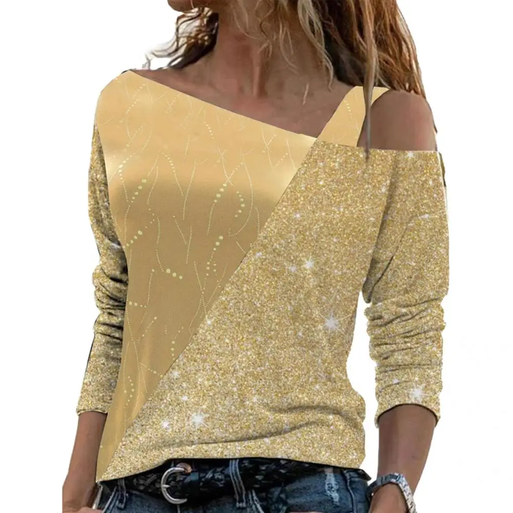 Blusa-de-Color-dorado-para-mujer-jersey-con-costuras-brillantes-moda ...
