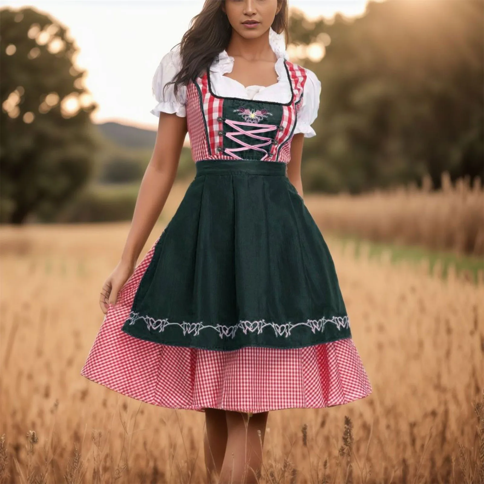 New-Dirndl-Oktoberfest-Costume-Women-2023-Bavarian-National-Pink-Plaid ...
