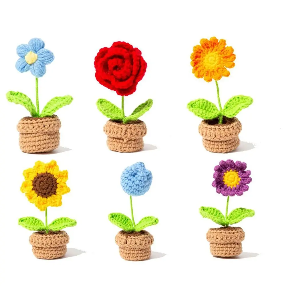 Hand-knitted-Flower-Rose-Tulips-Bouquet-Potted-Plant-Ornament-Handwoven ...