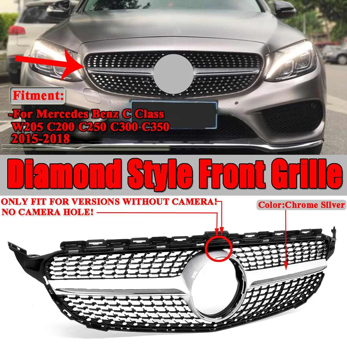 Diamond-Style-W205-Car-Front-Grill-Grille-Mesh-For-Mercedes-For-Benz-C ...