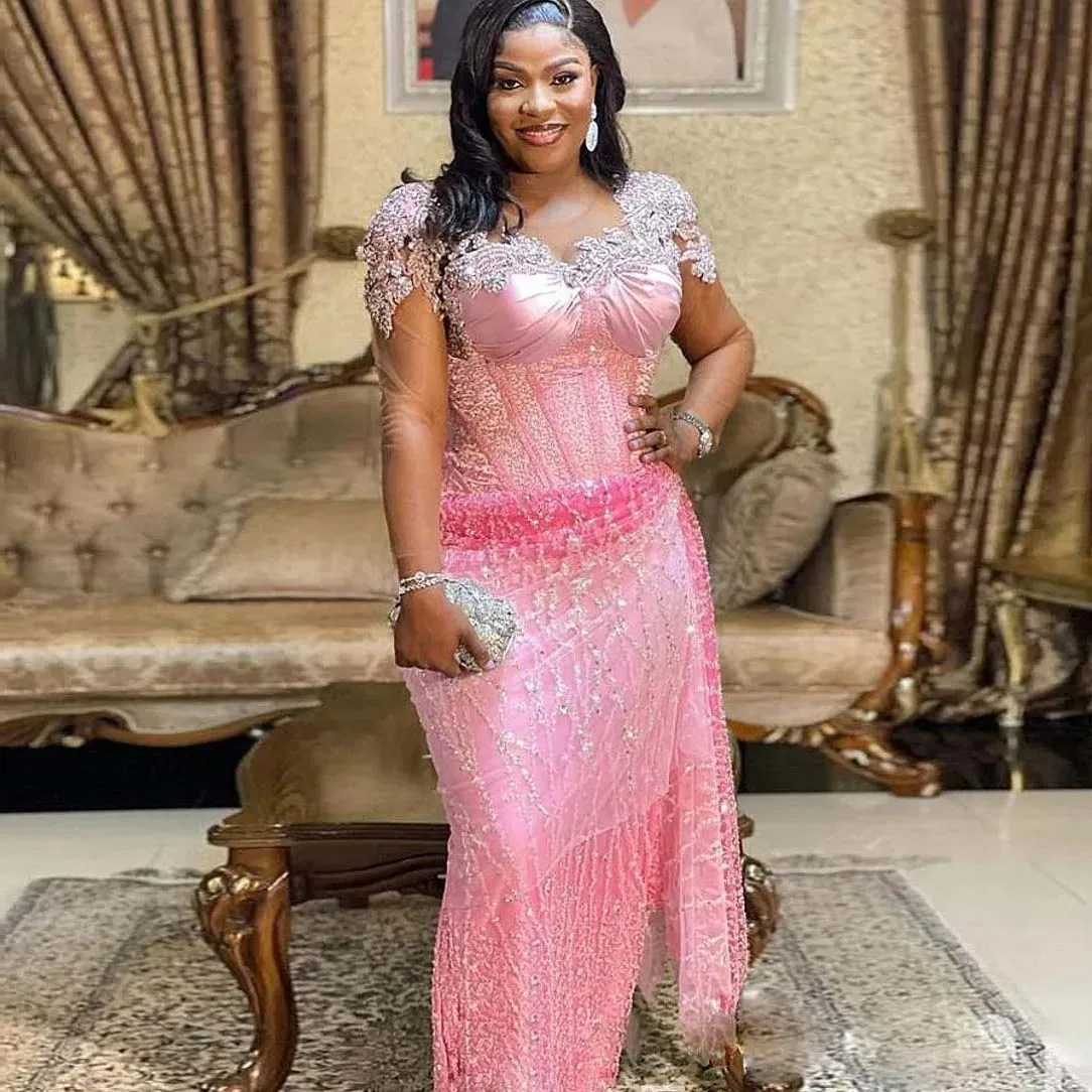 Elegant-African-Pink-Beaded-Lace-Prom-Dresses-Long-Mermaid-Glitter ...