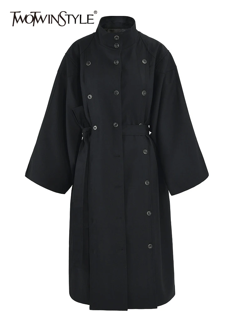 TWOTWINSTYLE-Solid-Casual-Loose-Patchwork-Lace-Up-Coats-For-Women-Stand ...