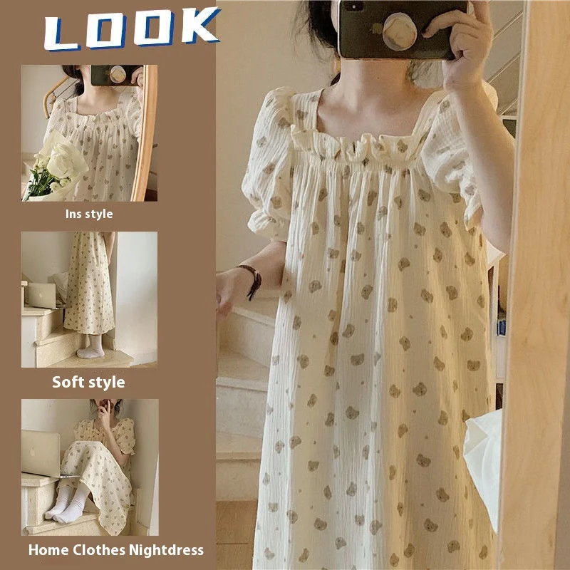 Summer-Sweet-Princess-Style-Nightgown-Home-Wear-Imitation-Cotton-Gauze ...