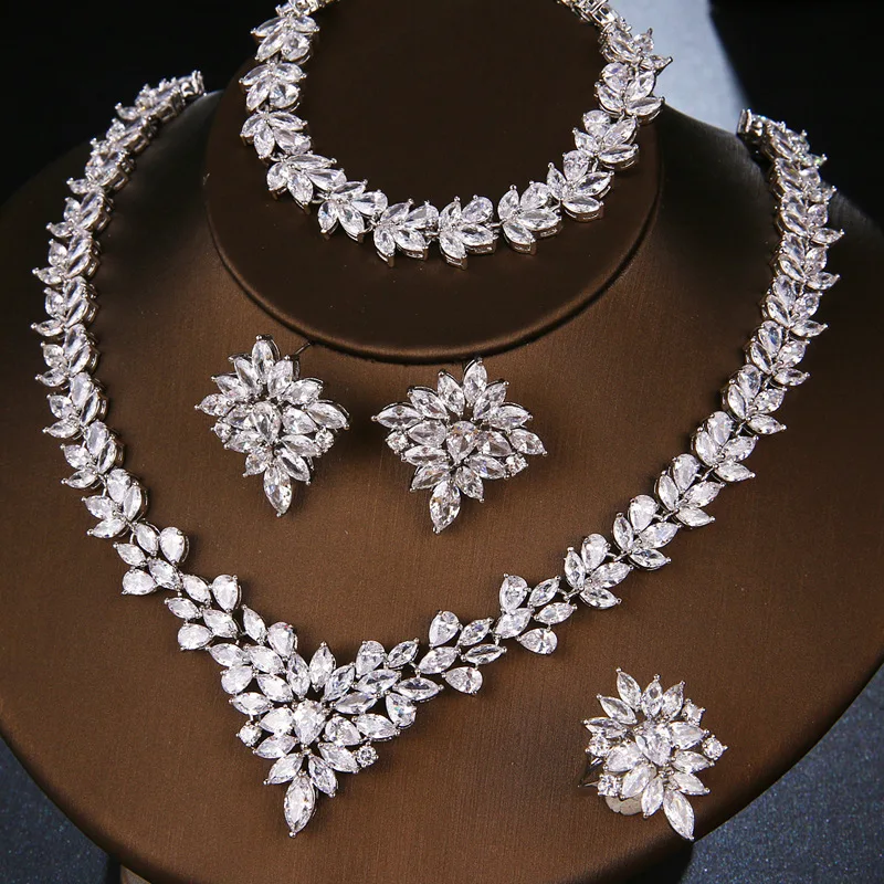 Uilz Shiny Cubic Zirconia Flower Shape Jewerly Set for Women Wedding ...