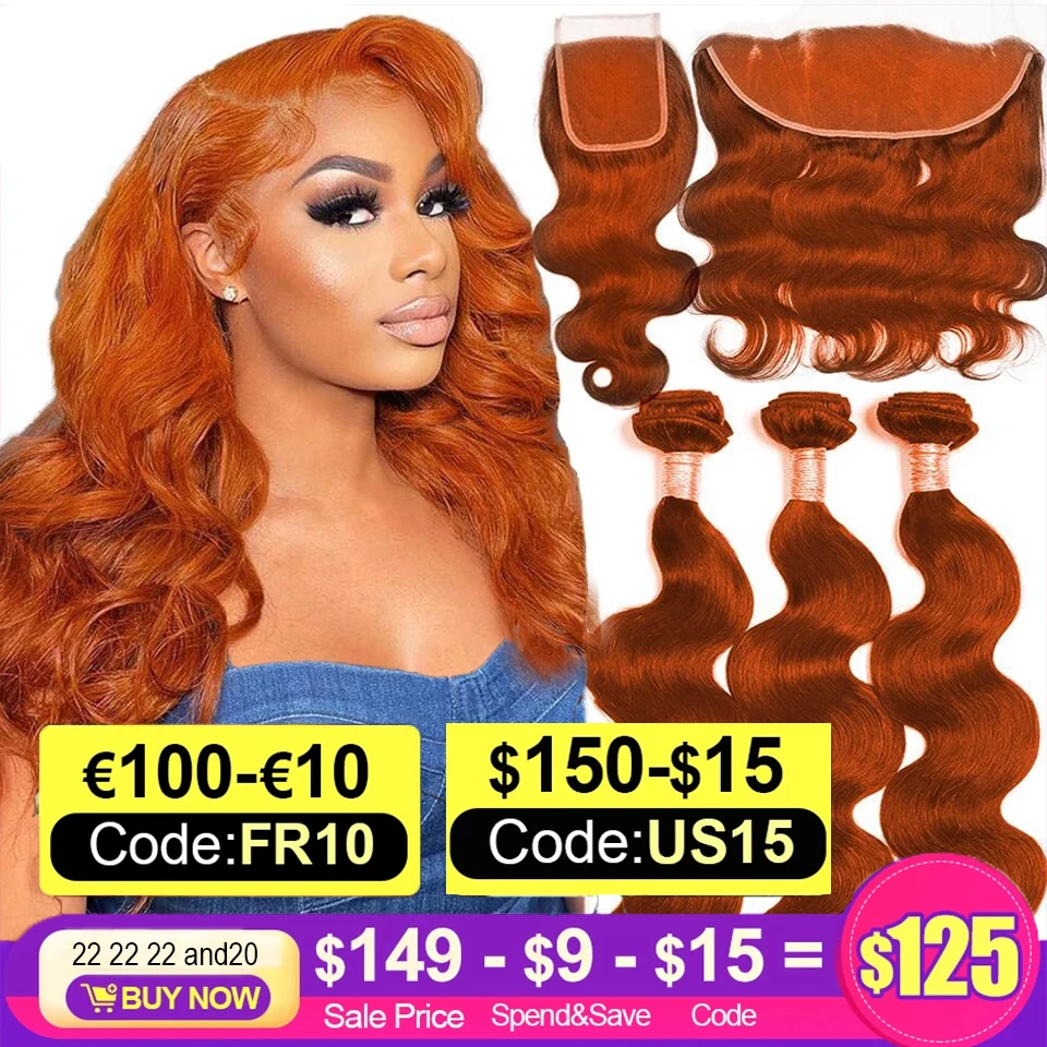 Orange Ginger Colored Bundles With Closure Body Wave Human Hair Bundles ...