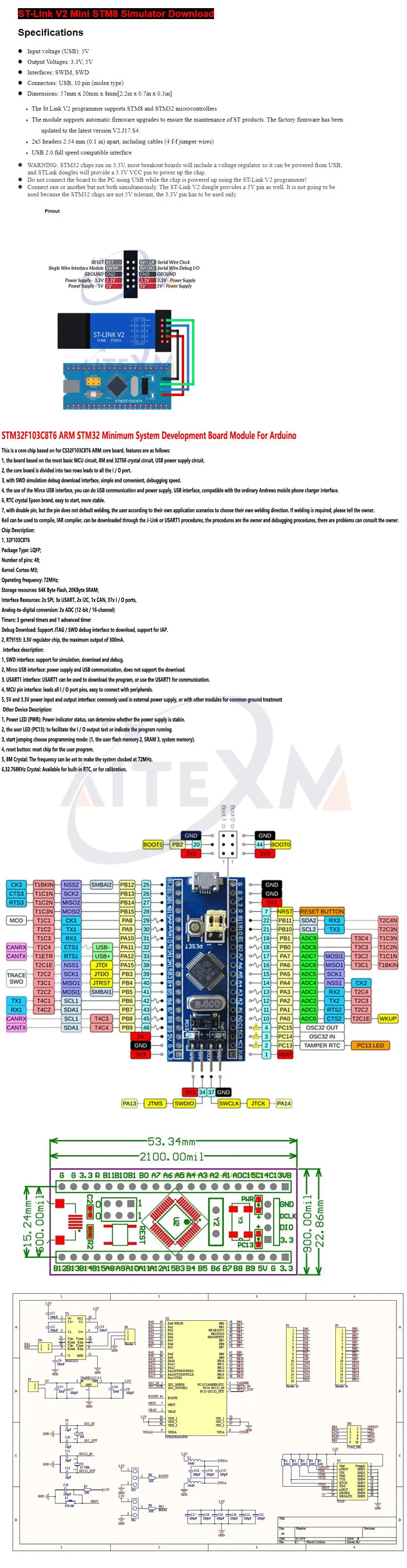 ST-LINK V2 Simulator Download Programmer STM32F103C8T6 ARM STM32 Minim