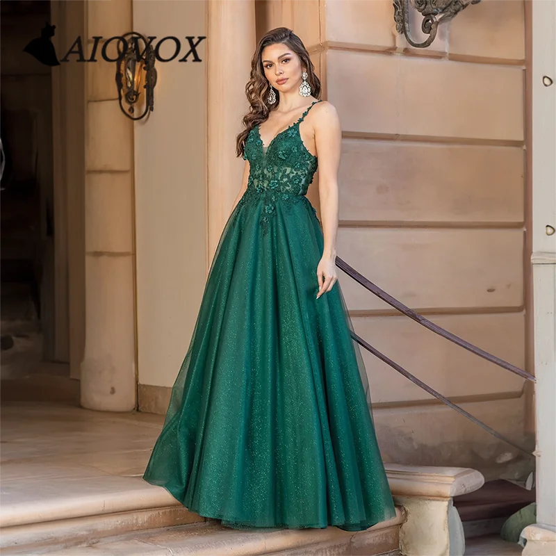 Aiovox V Neck Formal Prom Dress Exquisite Lace Appliques Evening Ball