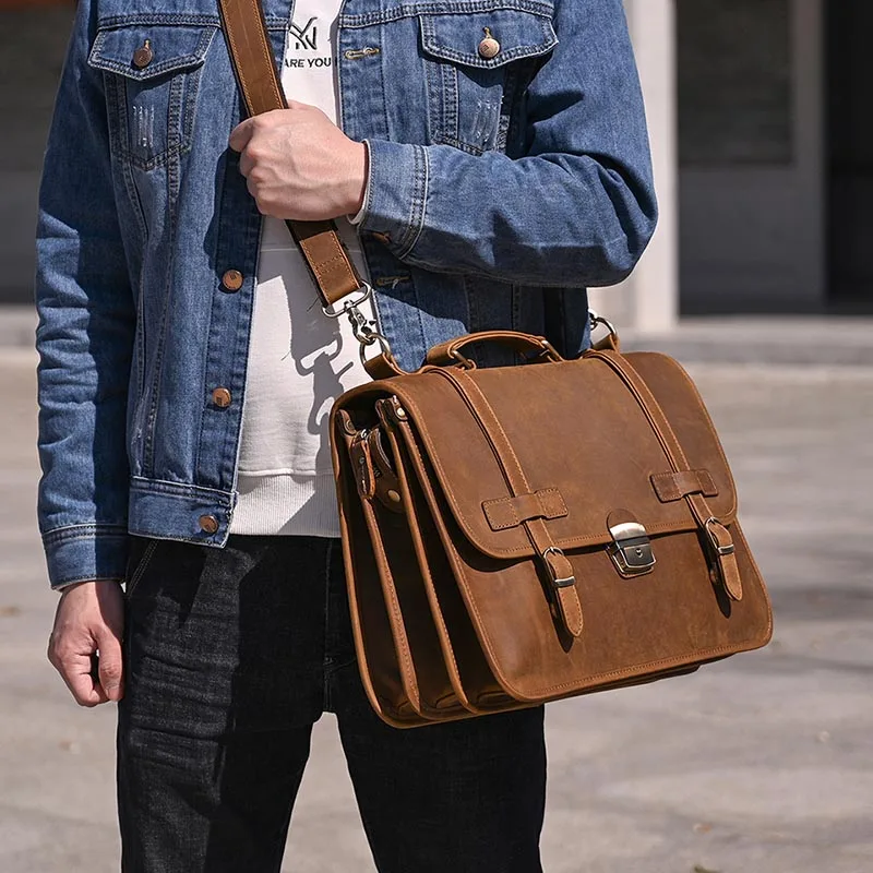 Men Genuine Leather Big Briefcase 14 inch Laptop Business Bag Cowhide ...