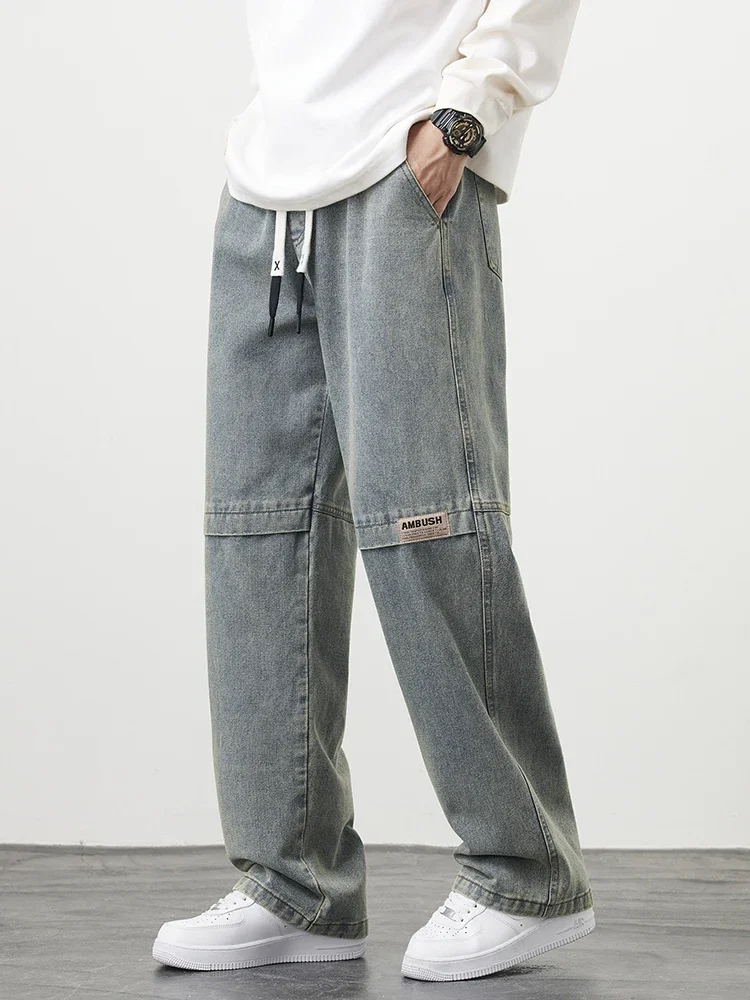 8XL New Retro Blue Men's Jeans Large Size String Banding Wide Leg Denim ...