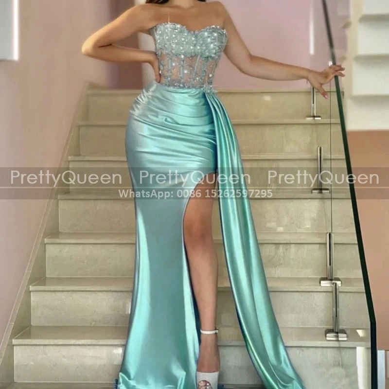 Bling Beads Appliques Prom Dresses With Streamer Mermaid Thigh High ...