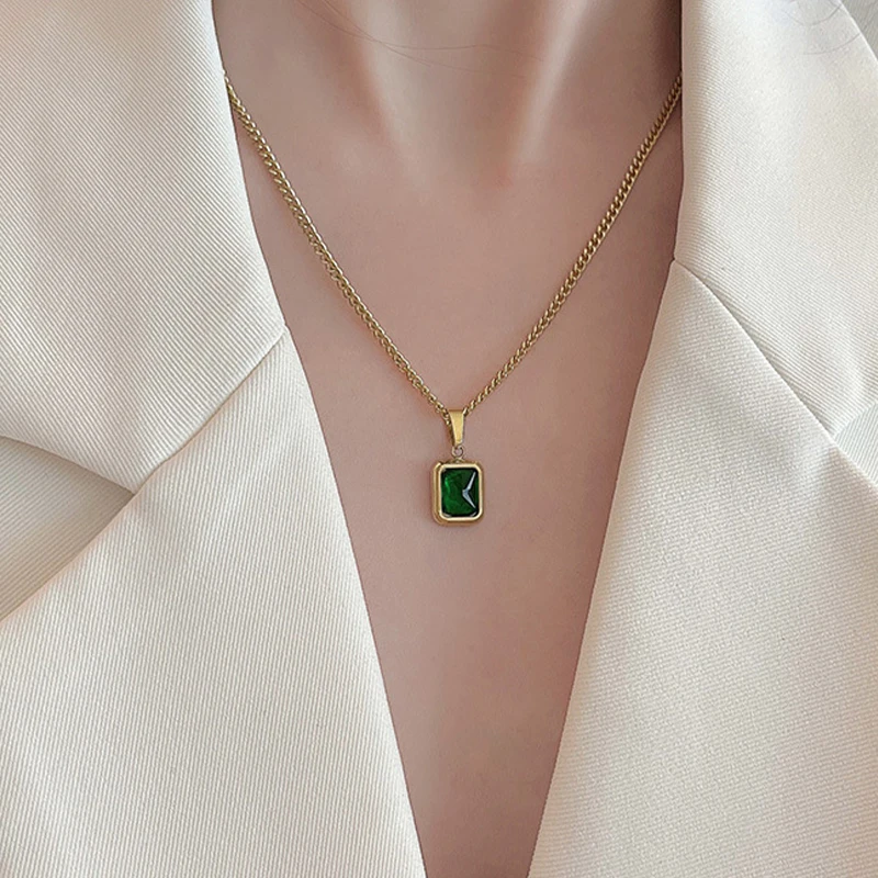 Fashion-Retro-Square-Green-Zircon-Pendant-Necklace-For-Women-Charm ...