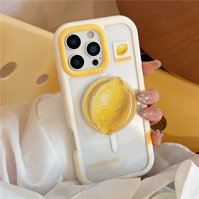 Summer Cute Lemon Magnetic Stand Holder Phone Cover for iPhone 16 Pro ...