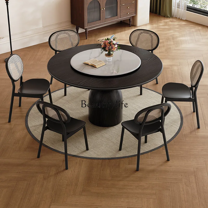 Black-Retro-Style-Solid-Wood-round-Dining-Table-Stone-Plate-Home-round ...