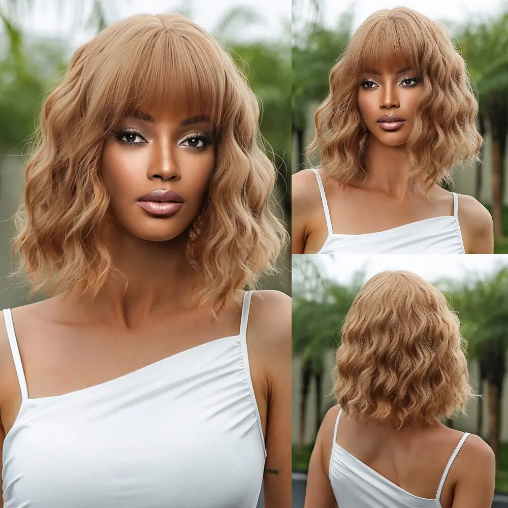 Light-Brown-Wavy-Wigs-for-Women-Short-Blonde-Bob-Hair-Wigs-With-Bangs ...